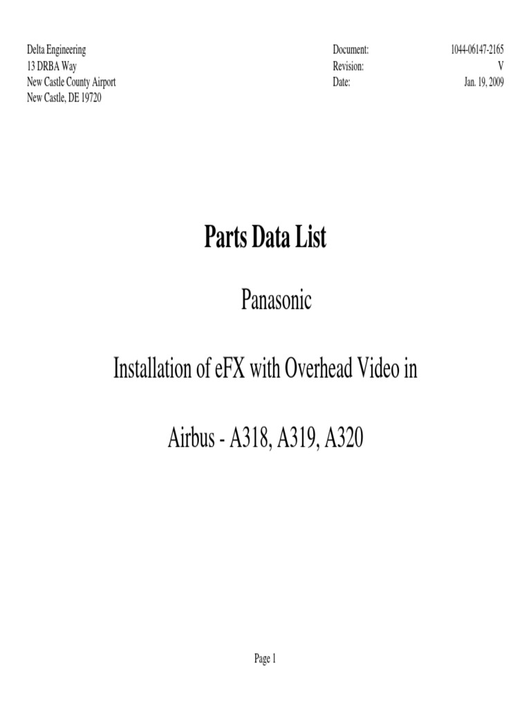 Parts Data List: Panasonic Installation of eFX With Overhead Video in ...