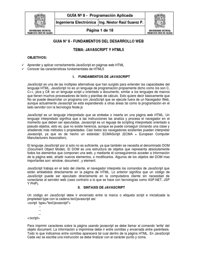 Guia8 - Desarrollo Web (JavaScript+html5) | Descargar gratis PDF | Modelo de objeto de documento ...