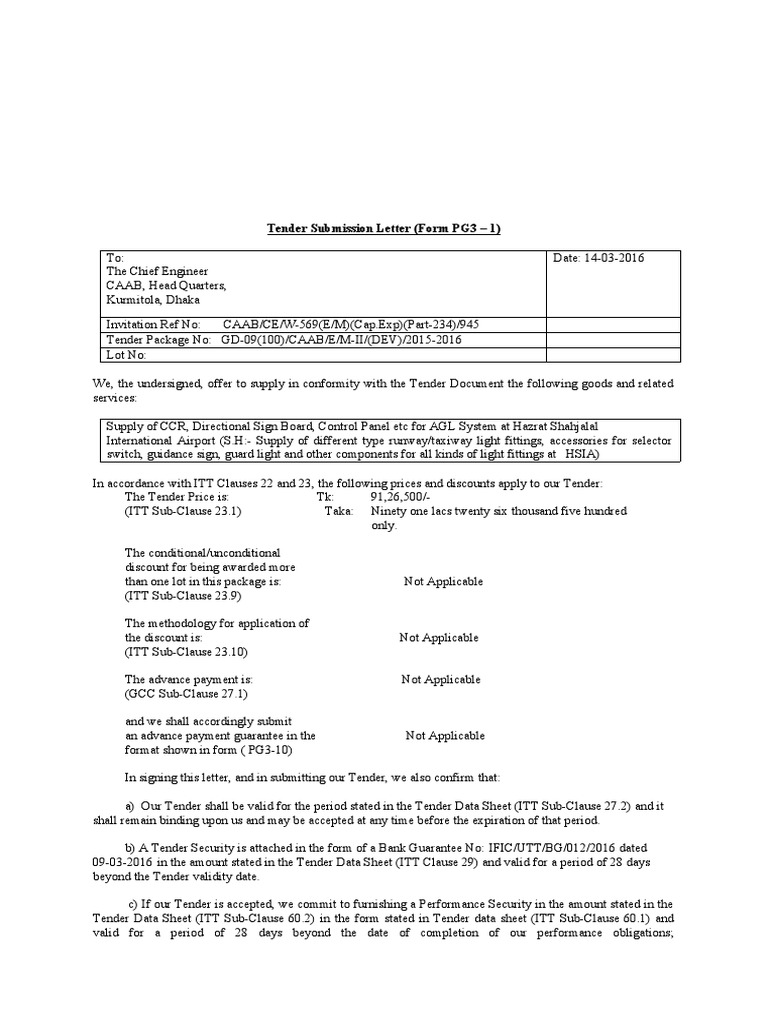 Tender Submission Letter (Form PG3 - 1) | PDF | Common Law | Business Law
