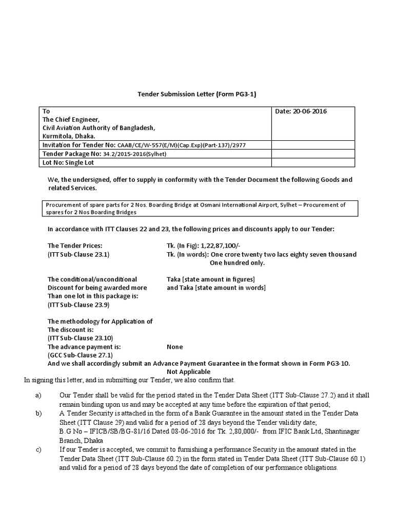 Tender Submission Letter (PG3-1) SEL | PDF | Procurement | Private Law