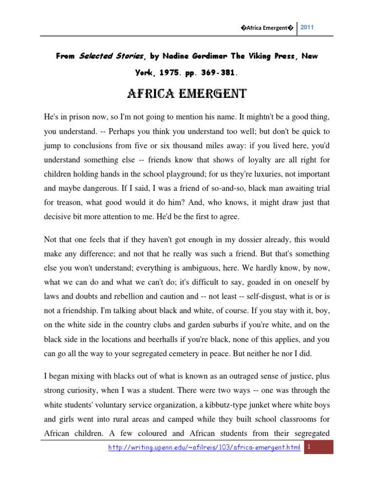 Africa Emergent: Nadine Gordimer Story | PDF | Art | Mystery, Thriller ...