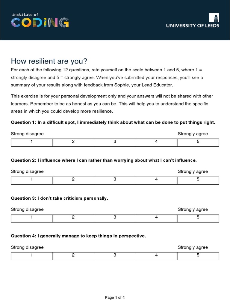 Personal Resilience Assessment Tool | PDF | Psychological Resilience ...