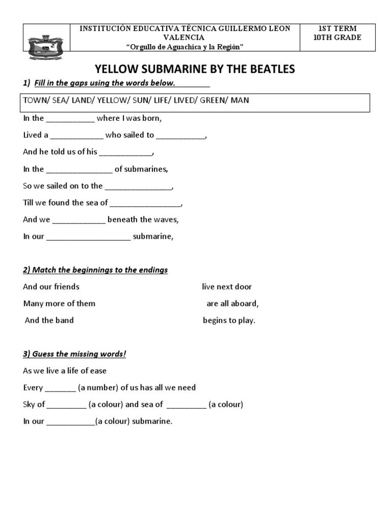 Yellow Submarine by The Beatles: 1) Fill in The Gaps Using The Words ...