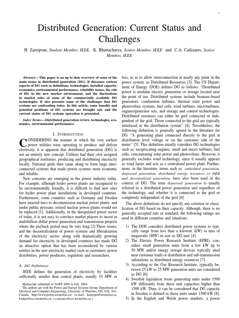 2004 - Distributed Generation - Current Status and Challenges | PDF ...