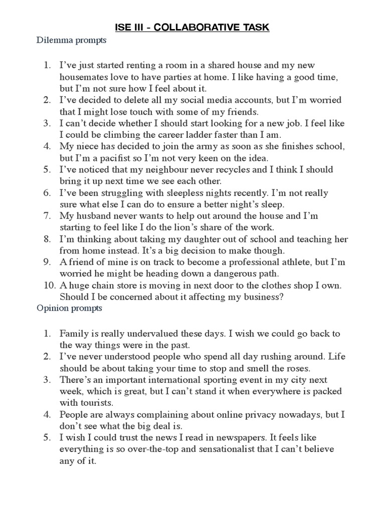 Ise Iii - Collaborative Task: Dilemma Prompts | PDF