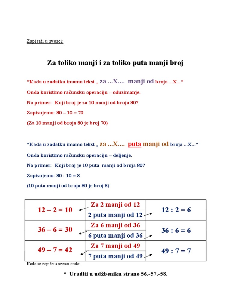 Za Toliko Manji I Za Toliko Puta Manji Broj | PDF