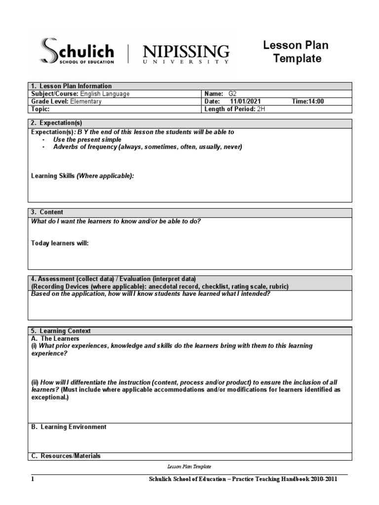 Detailed English Lesson Plan Template | PDF | Lesson Plan | Learning