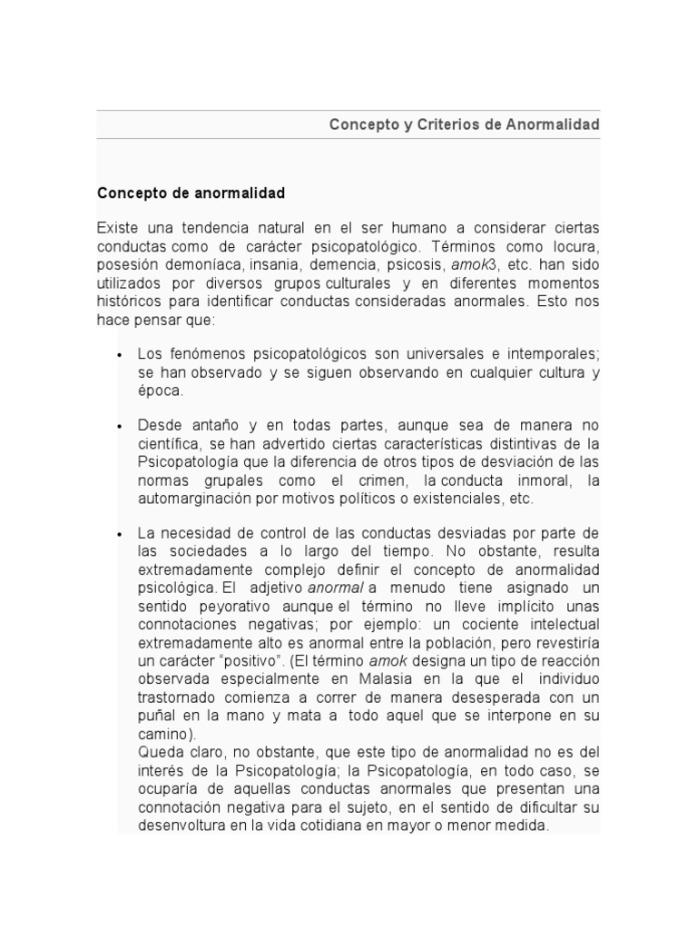 Concepto y Criterios de Anormalidad | PDF | Psicopatología | Trastorno ...
