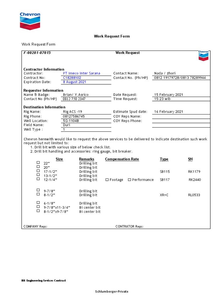 Work Request Form: PT Imeco Inter Sarana C18288102 8 August 2021 | PDF