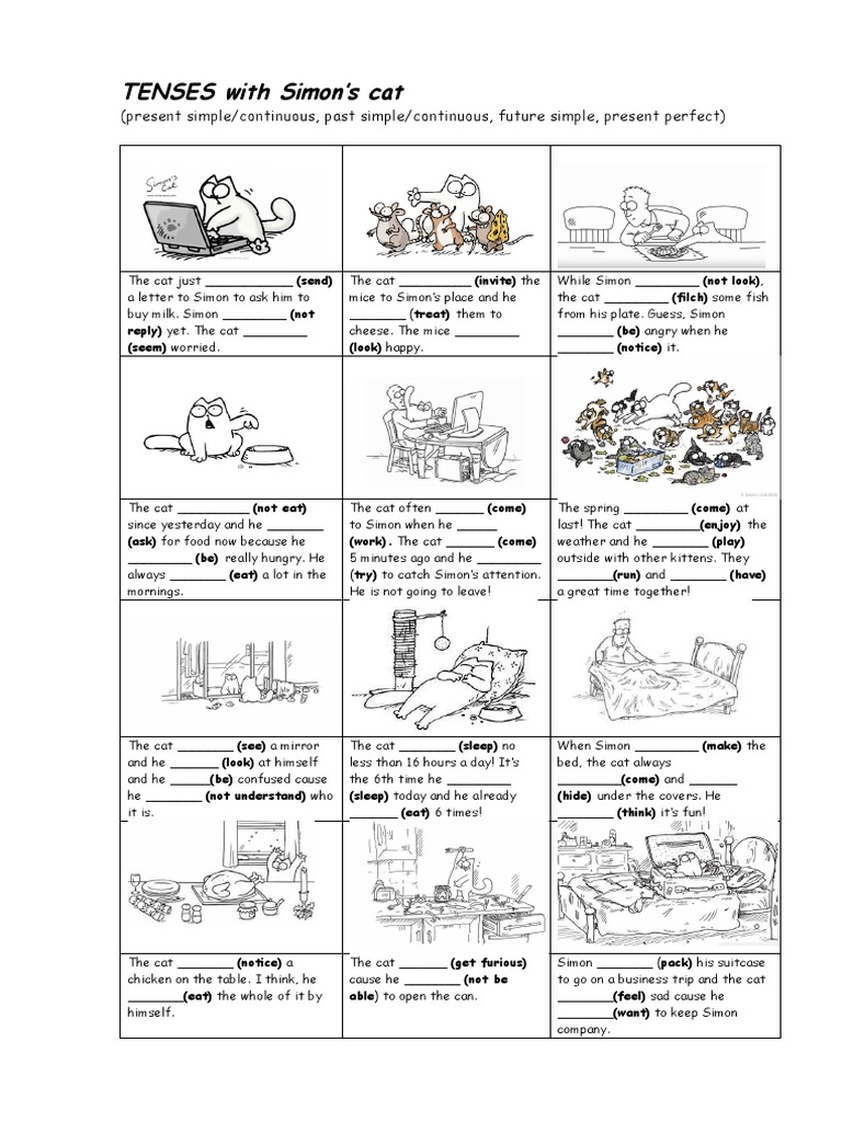 Simon's Cat Tenses Practice | PDF | Cats | Foods
