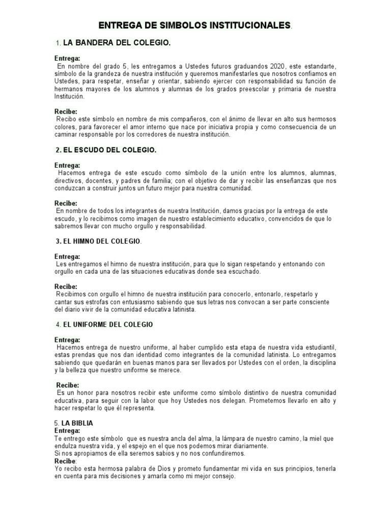 Entrega de Simbolos Institucionales 2020 | PDF | Educación religiosa