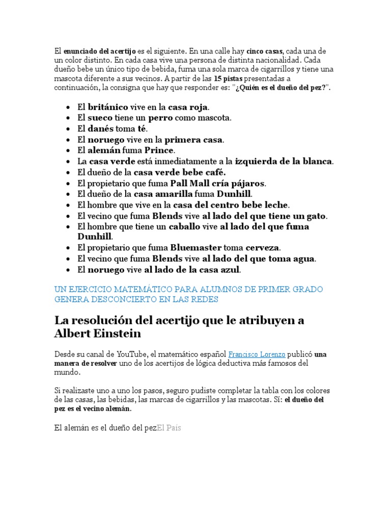 Acertijo de Albert Einstein | PDF