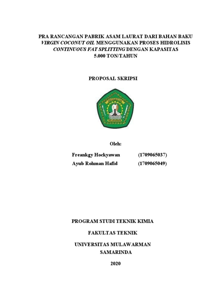 Proposal Skripsi Pra Perancangan Pabrik Asam Laurat Dari VCO | PDF
