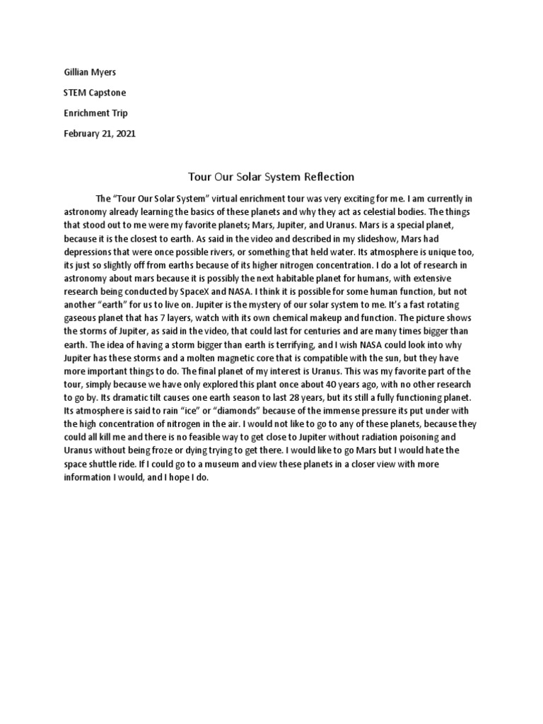 Tour of Our Solar System Reflection | PDF