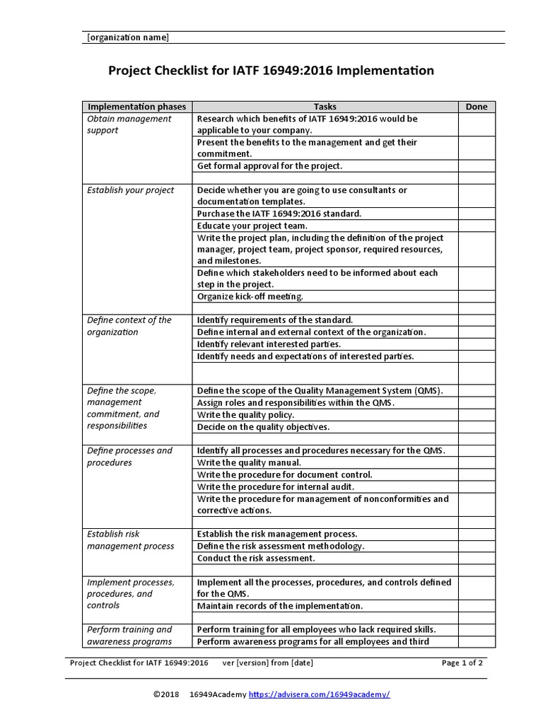 Project Checklist For IATF 16949:2016 Implementation: Implementation ...