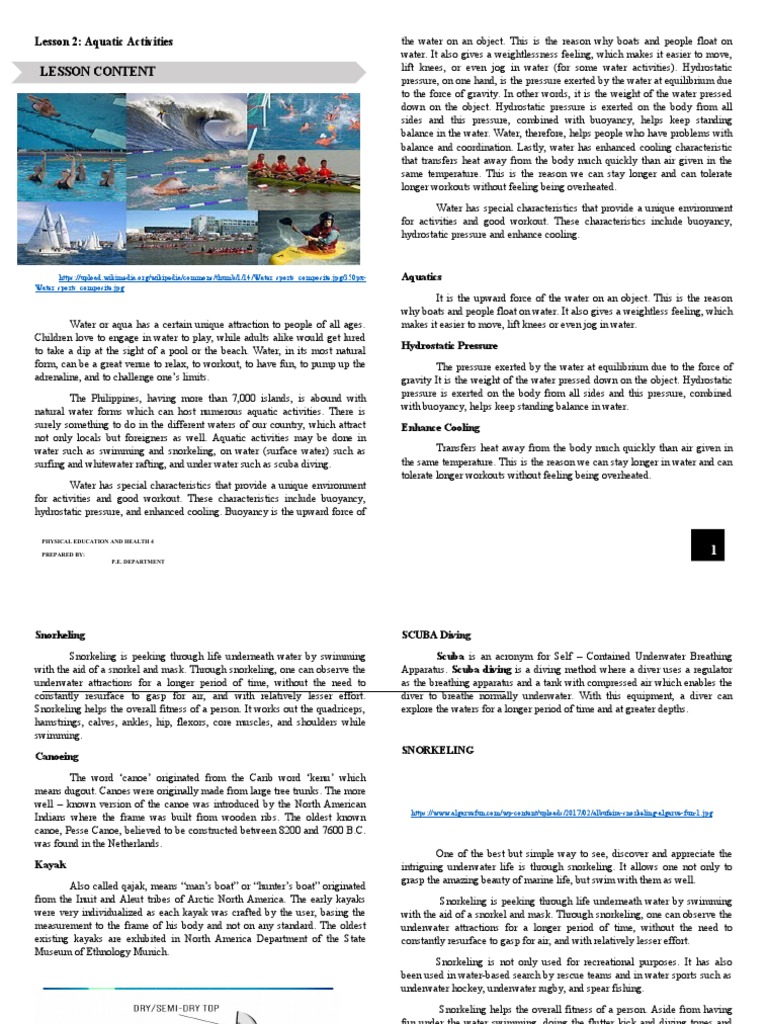 Lesson 2 Aquatic Activities | PDF | Snorkeling | Scuba Diving