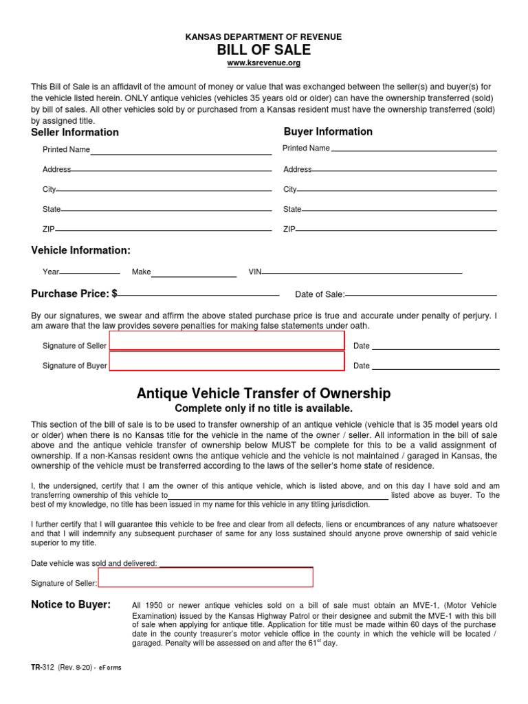 Kansas Vehicle Bill of Sale Form TR 312 | PDF | Bill Of Sale | Sales
