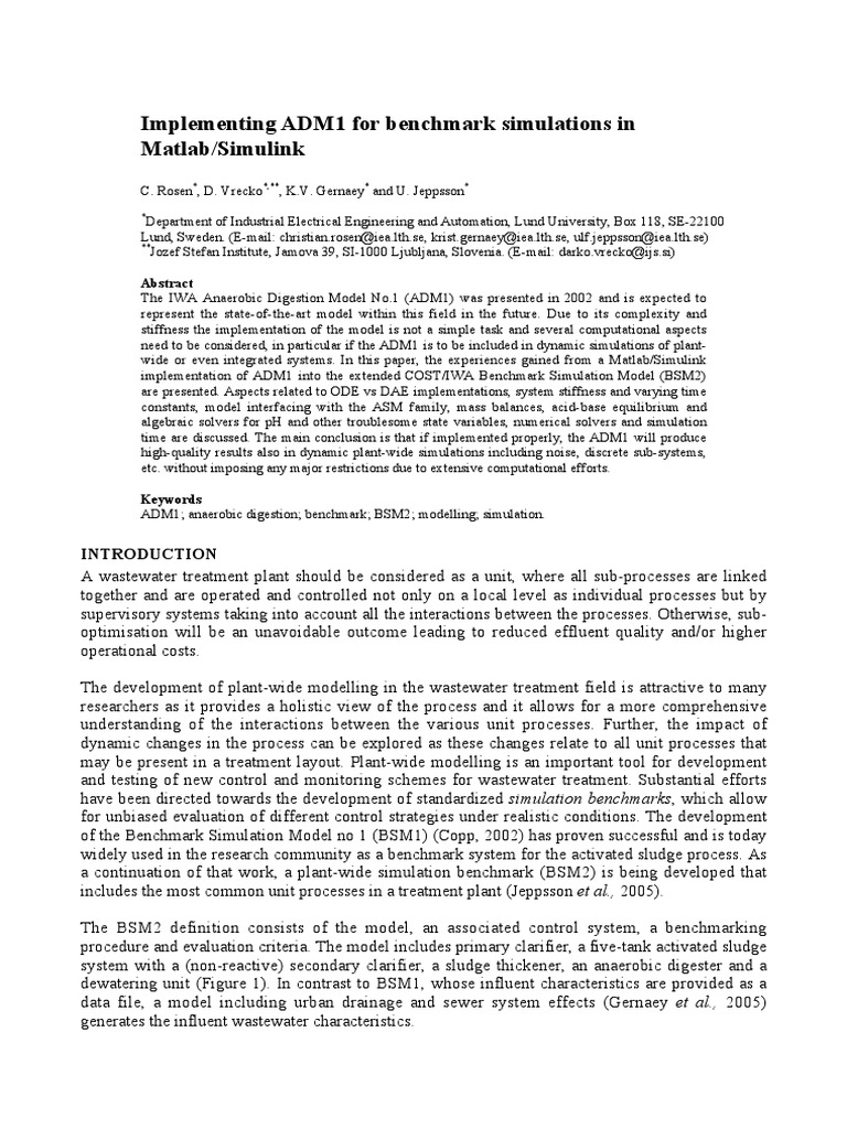 Rosen (2006) Implementing ADM1 For Plantwide Benchmark Simulations in ...