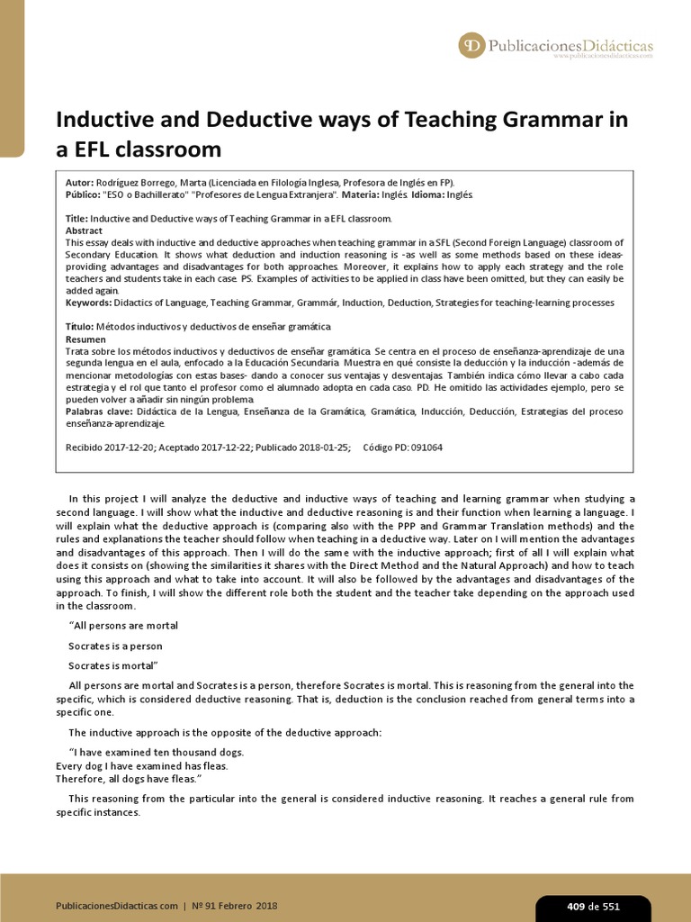 Inductive and Deductive Ways of Teaching Grammar in An EFL Classroom ...