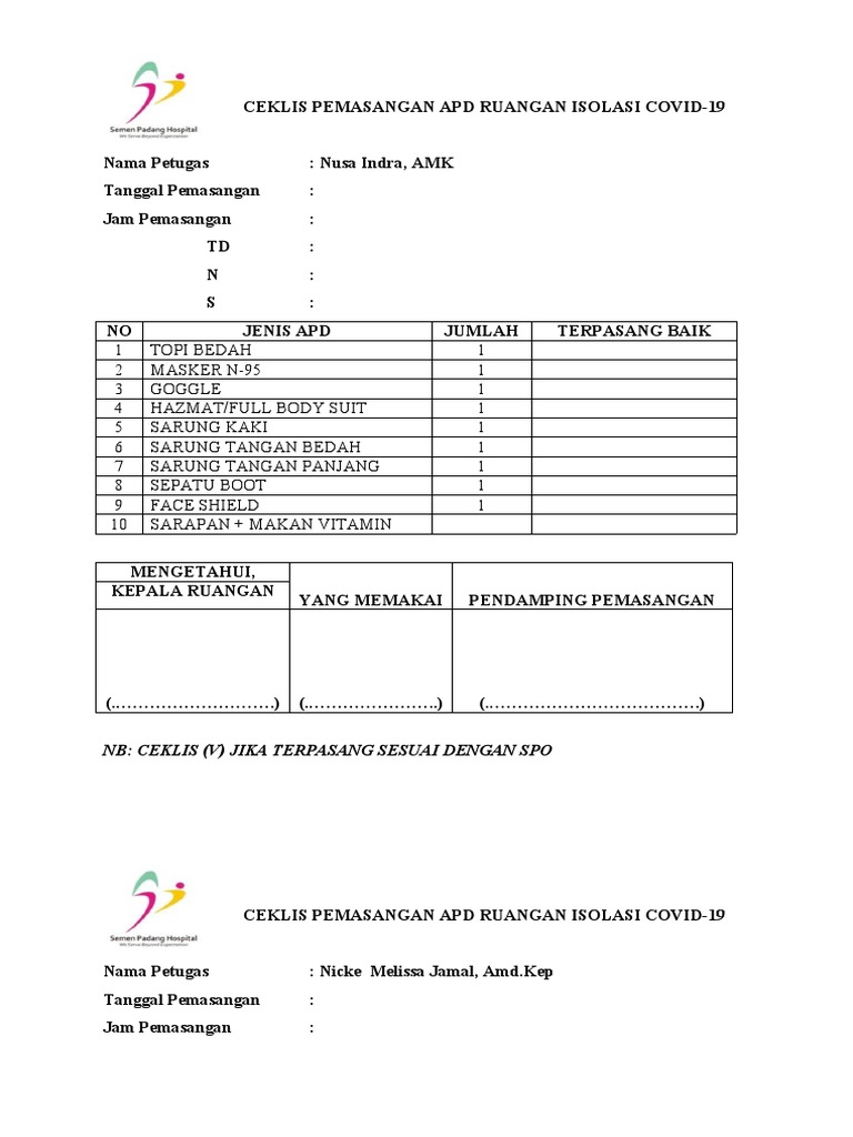 Ceklis Pemasangan Apd Ruangan Isolasi Covid | PDF