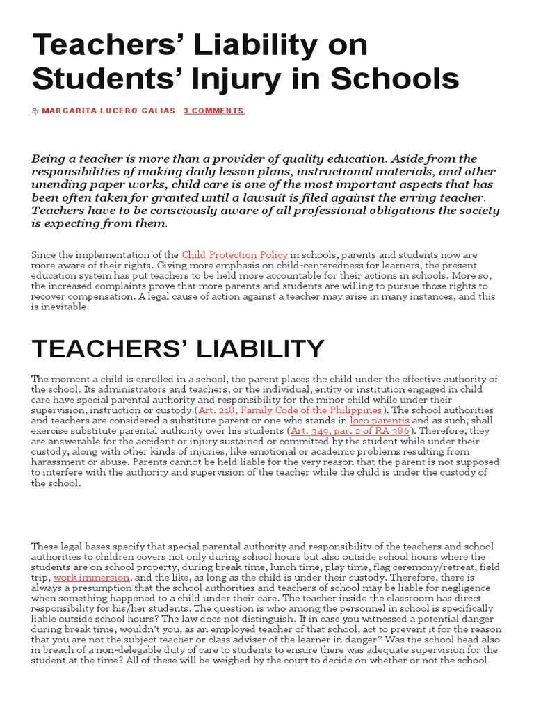 Teachers' Liability On Students' Injury in Schools | PDF | Liability ...
