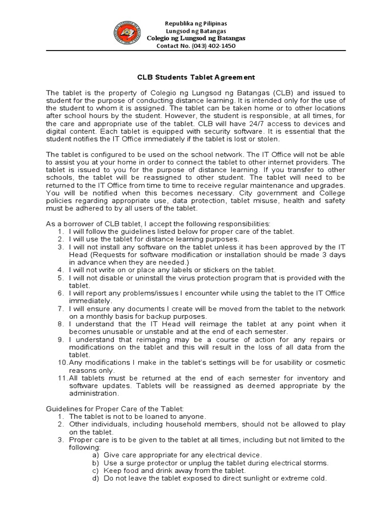 CLB Students Tablet Agreement: Colegio NG Lungsod NG Batangas | PDF ...