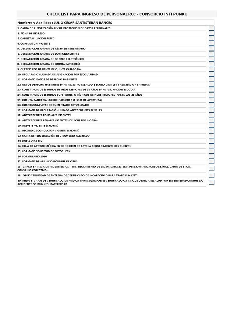 Check List para Ingreso de Personal RCC - Consorcio Inti Punku | PDF ...