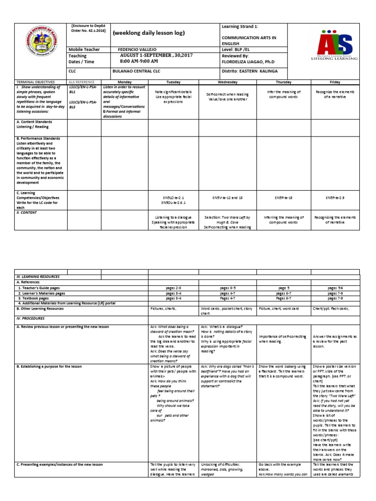 (Weeklong Daily Lesson Log) : Als Reference | PDF | Word | Dialogue