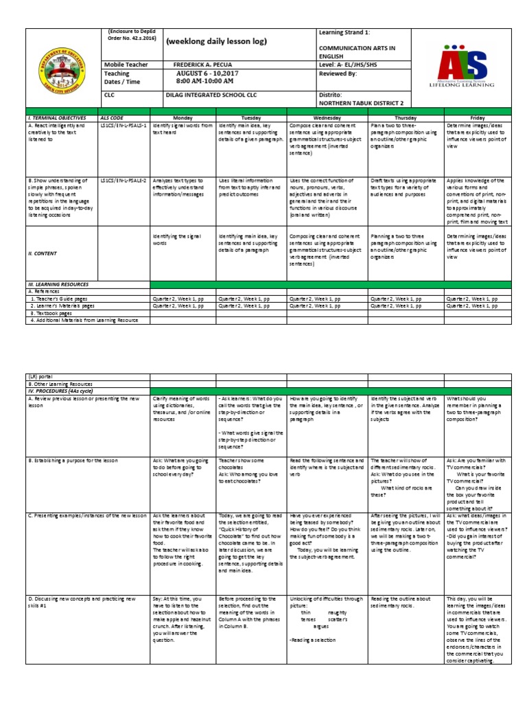 DepEd Learning Strand 1 Weekly Lesson Log | PDF | Sentence (Linguistics ...