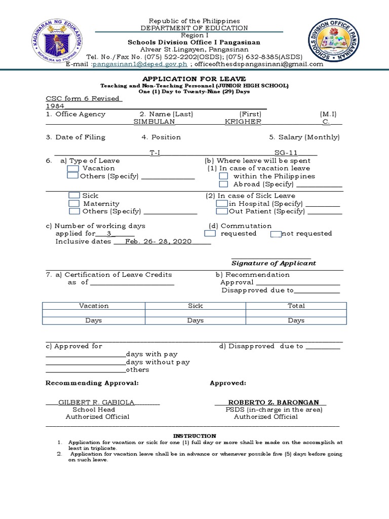Application For Leave: Pangasinan1@deped - Gov.ph | Download Free PDF ...