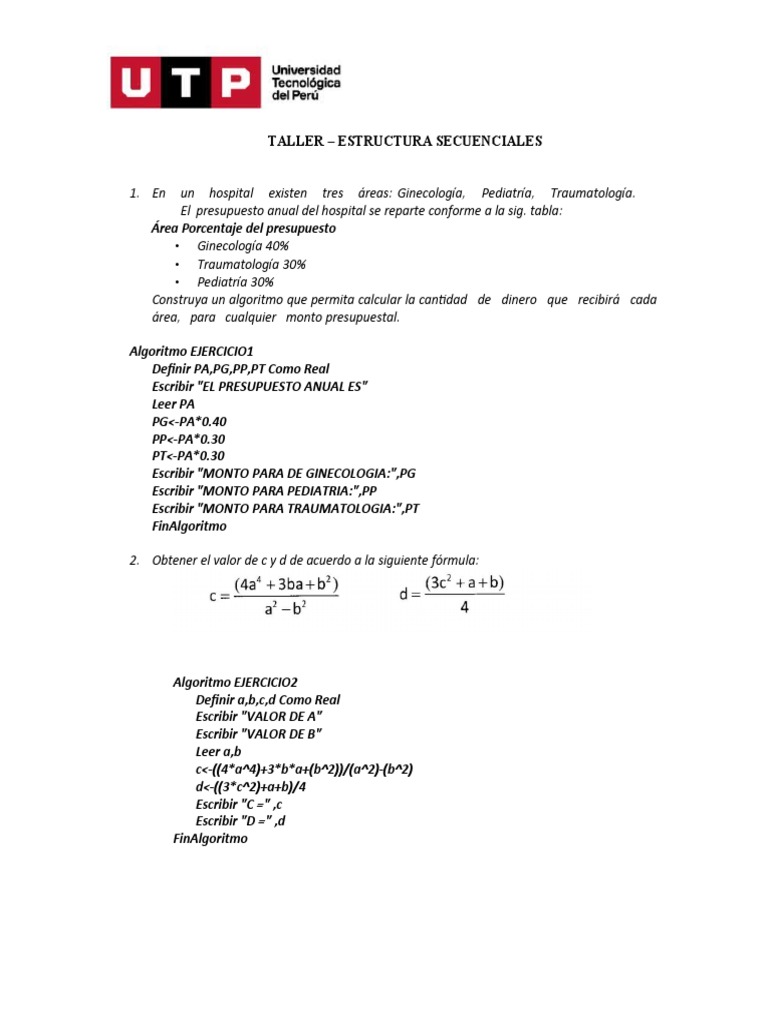 TALLER 3 - Estructuras Secuenciales-1 | PDF | Algoritmos | Lógica ...