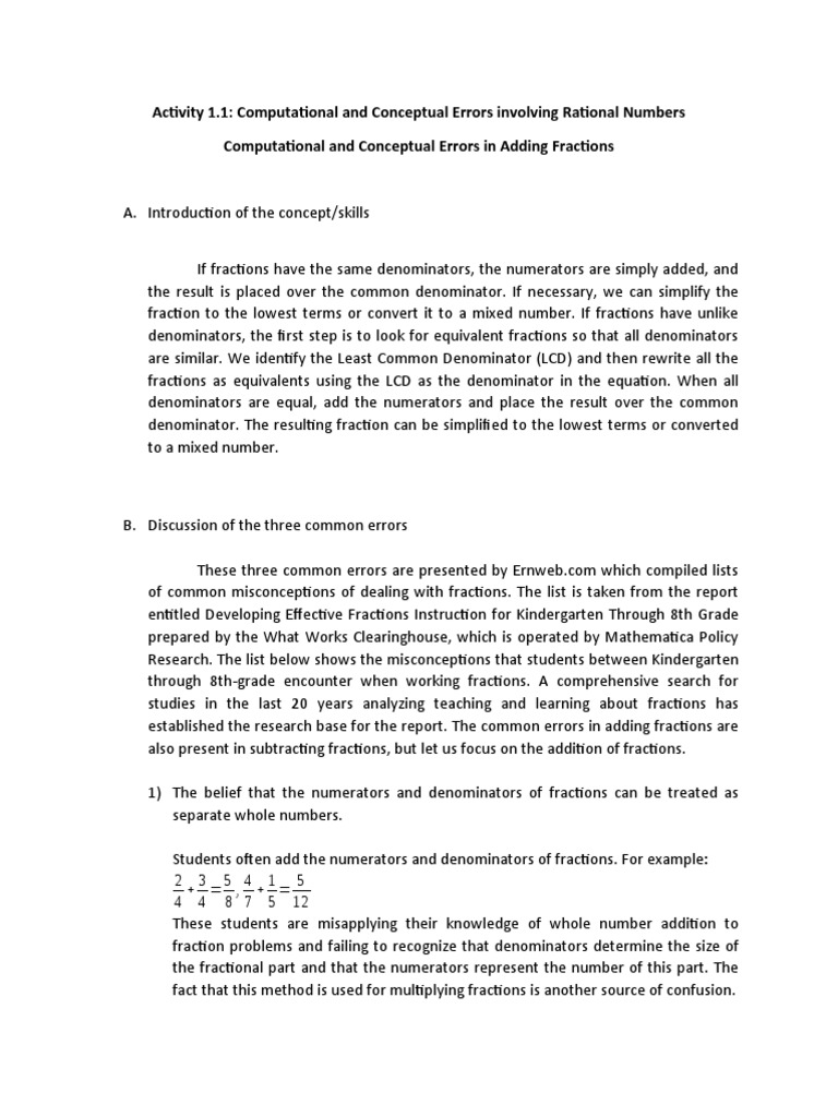 Activity 1.1-Computational and Conceptual Errors Involving Rational ...