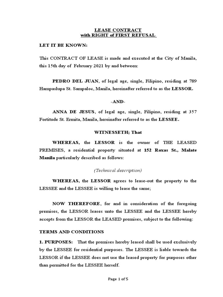 Lease of Contract With Right of First Refusal | PDF | Lease | Civil Law ...