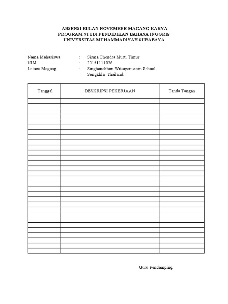 Form Absensi Harian Mahasiswa Magang | PDF