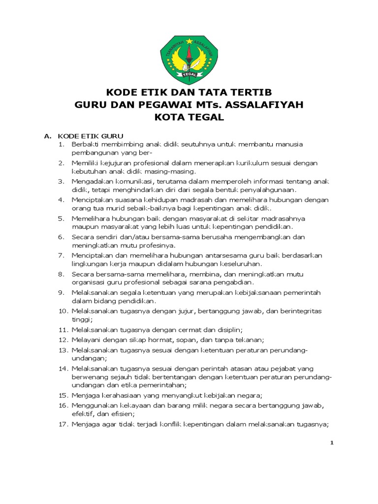 Kode Etik Dan Tata Tertib Guru MTS Assgal | PDF