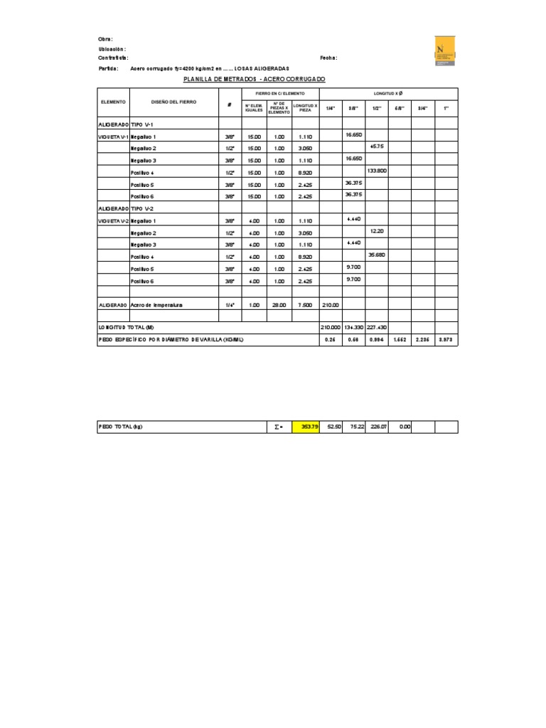 Planilla Acero - Losa Aligerada | PDF | Hierro | Acero