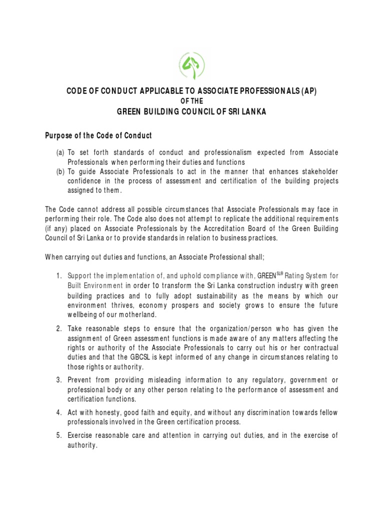 Code of Conduct For APs of GBCSL | PDF | Green Building | Confidentiality