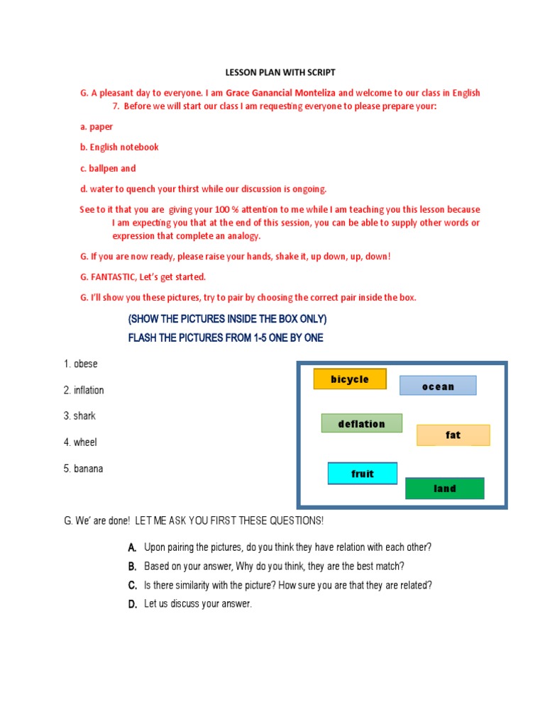 English Analogy Lesson Plan | PDF | Noun | Analogy