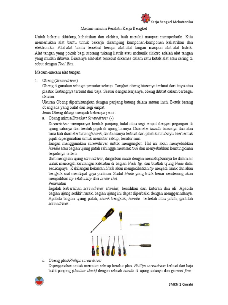 Tools Kerja Bengkel Kelas X Mekatronika | PDF | Griya & Taman ...