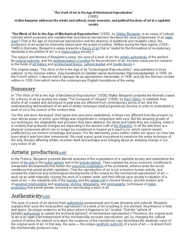 The Work of Art in The Age of Mechanical Reproduction | PDF | Sculpture ...