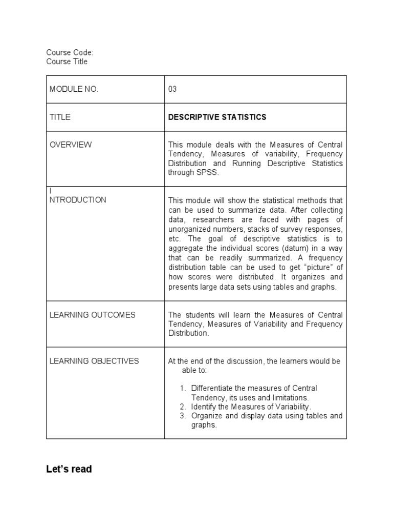 Module 3 Descriptive Statistics Final | Download Free PDF | Mean | Mode ...