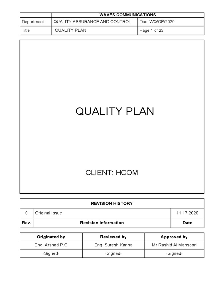 Quality Plan Template | PDF | Quality Assurance | Specification ...