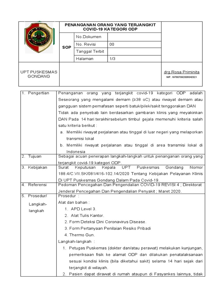 Sop Penanganan Orang Yang Terjangkit Covid 19 ODP | PDF