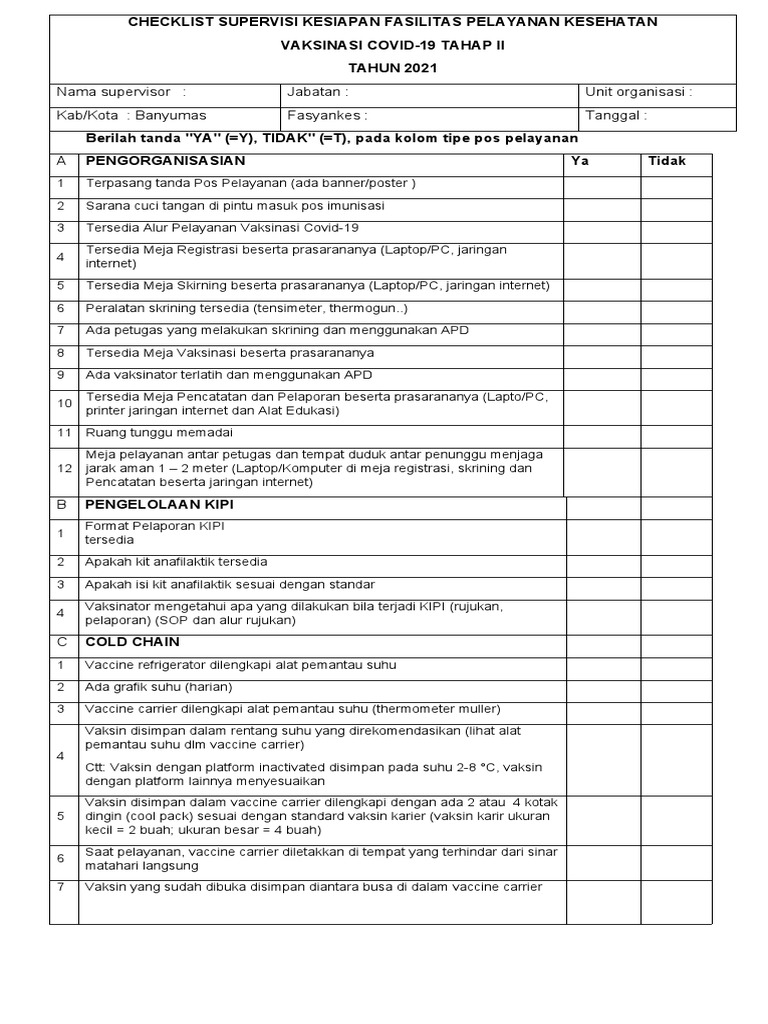 Checklist Supervisi Kesiapan Fasyankes | PDF