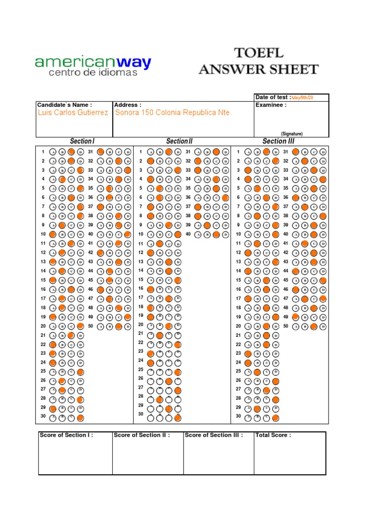 Toefl Answer Sheet | PDF | Standardized Tests | Qualifications