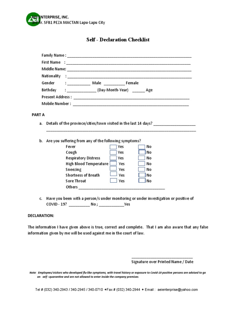 Self Declaration Checklist | PDF