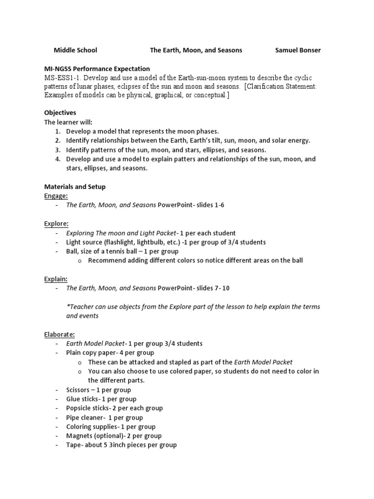 5 e Lesson Plan - The Earth Moon and Seasons - Phy 205 | PDF | Moon | Earth