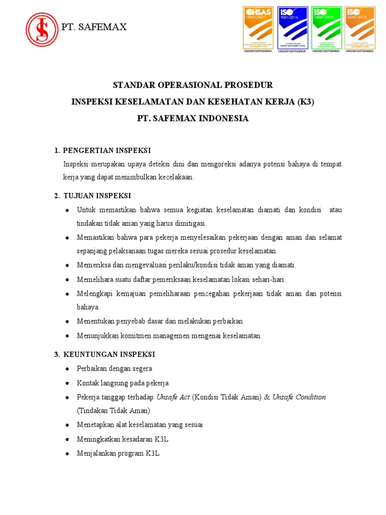 Sop Inspeksi K3L Pt. Safemax | PDF