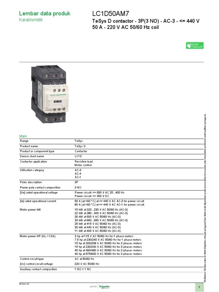 Contactor D - LC1D50AM7 | PDF | Alternating Current | Electric Motor