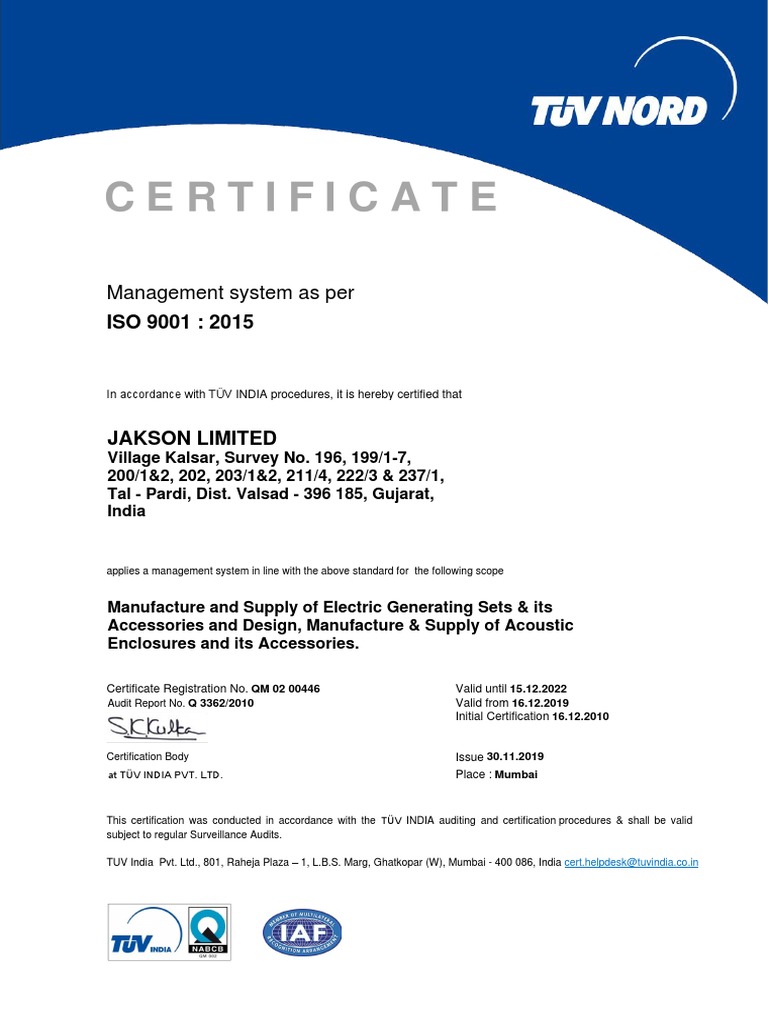 ISO Certificate QMS Valid Upto 2022 | PDF | Technology & Engineering